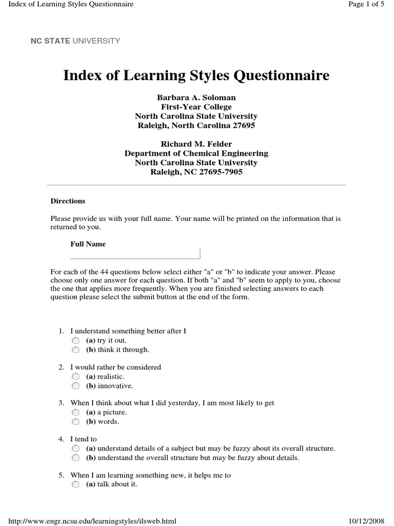 Index of Learning Styles Questionnaire | PDF | Learning Styles ...