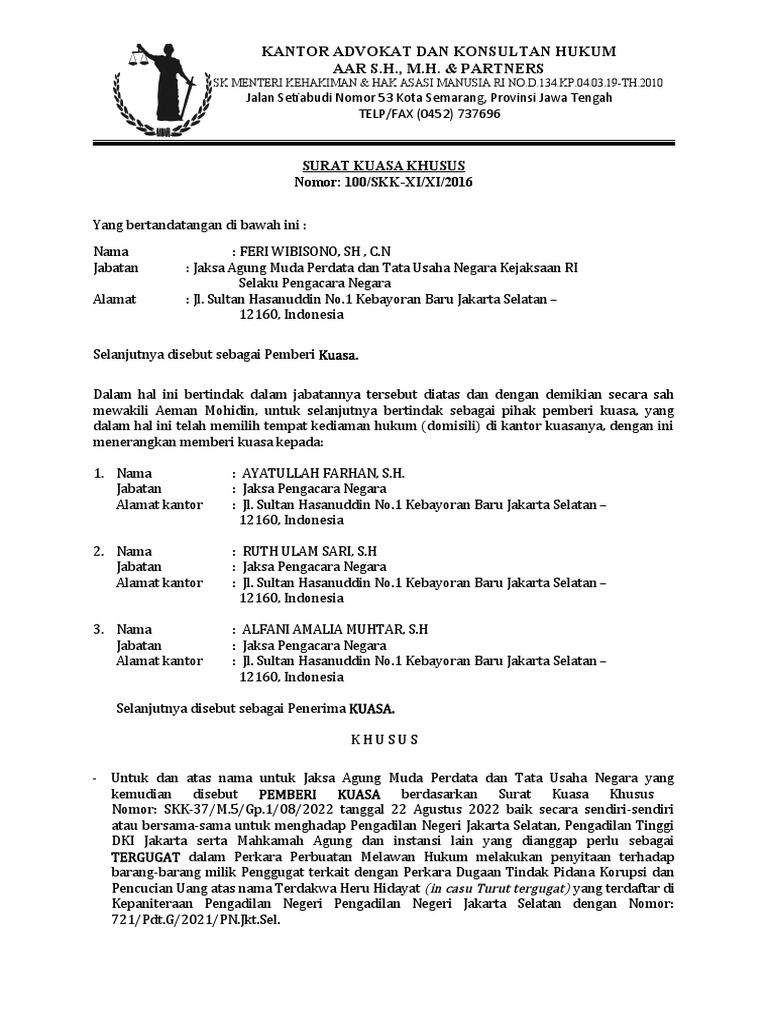 Surat Kuasa Khusus untuk Pengacara | PDF