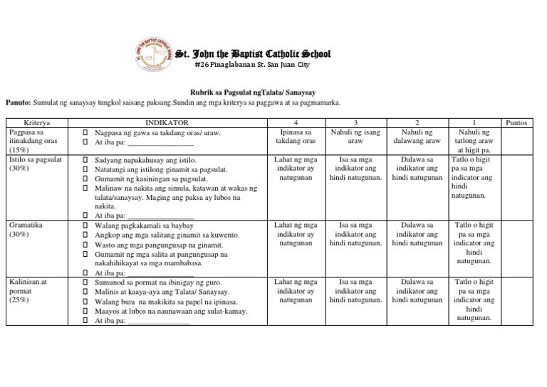 Sanaysay Rubrics | PDF