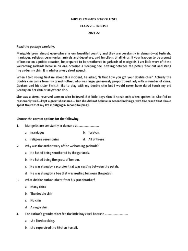 Olympiad Paper English Class 6 | PDF | Verb | Predicate (Grammar)