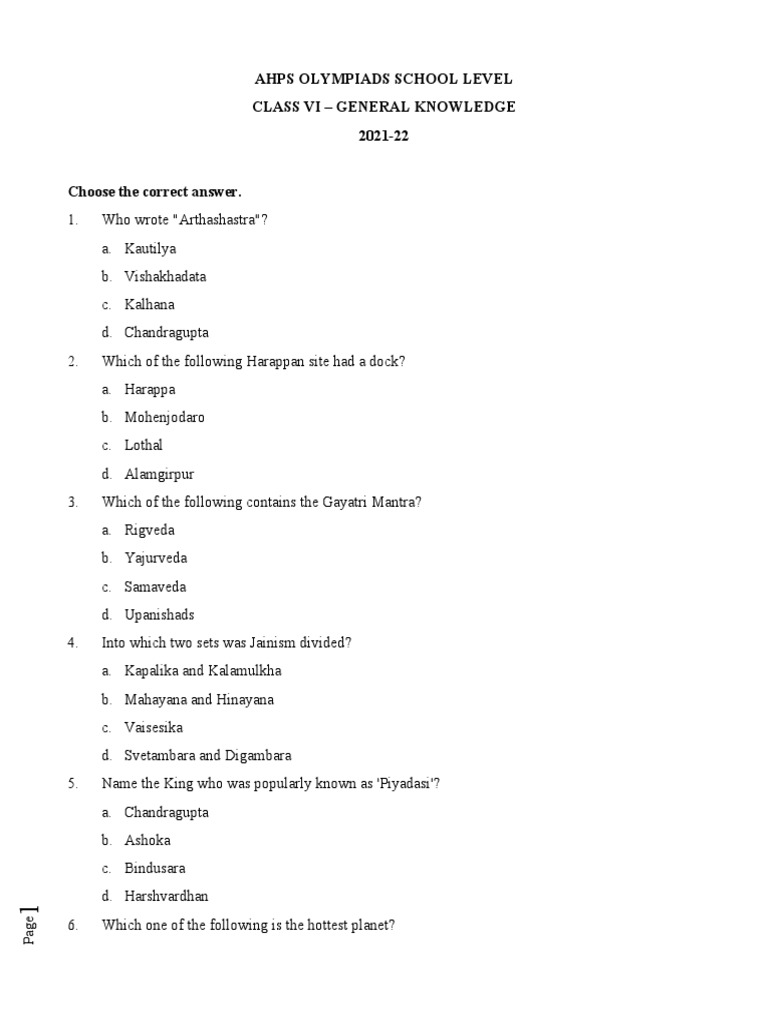Olympiad Paper GK Class 6 Level 1 | PDF