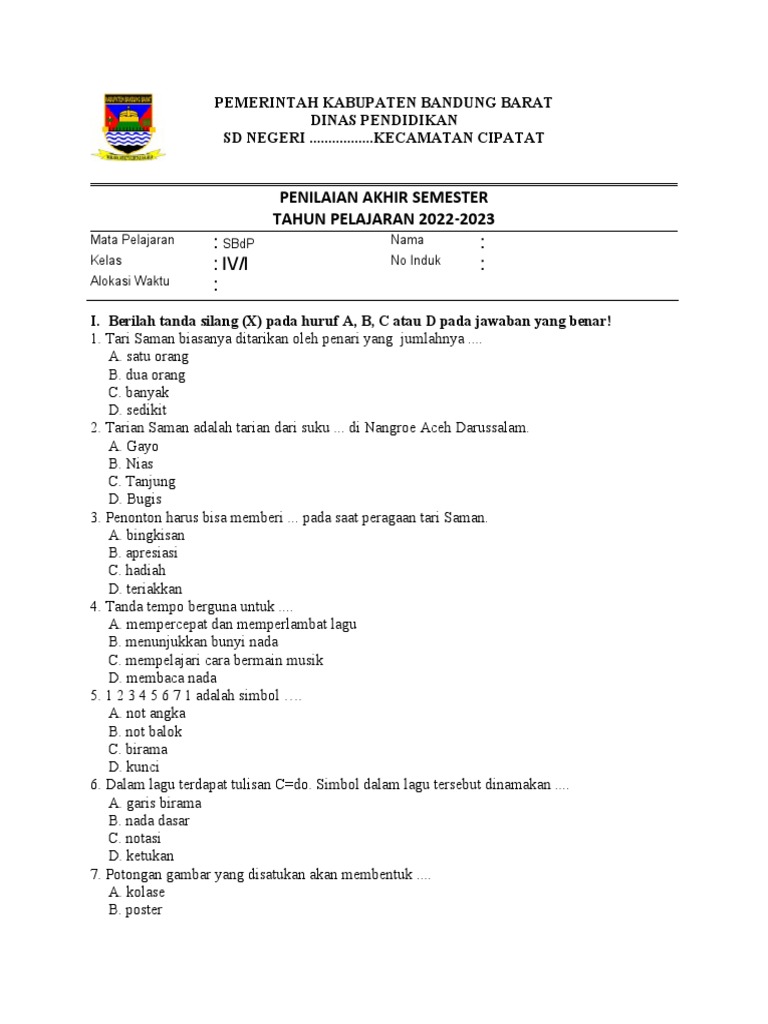 MASTER SOAL PAS SBDP Kelas 4 2022-2023 | PDF