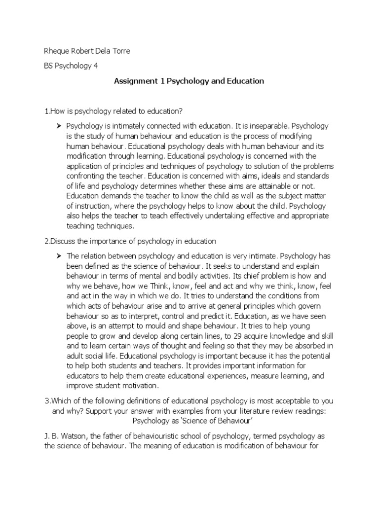 Assignment 1 Psychology and Education | PDF | Psychology | Educational Psychology