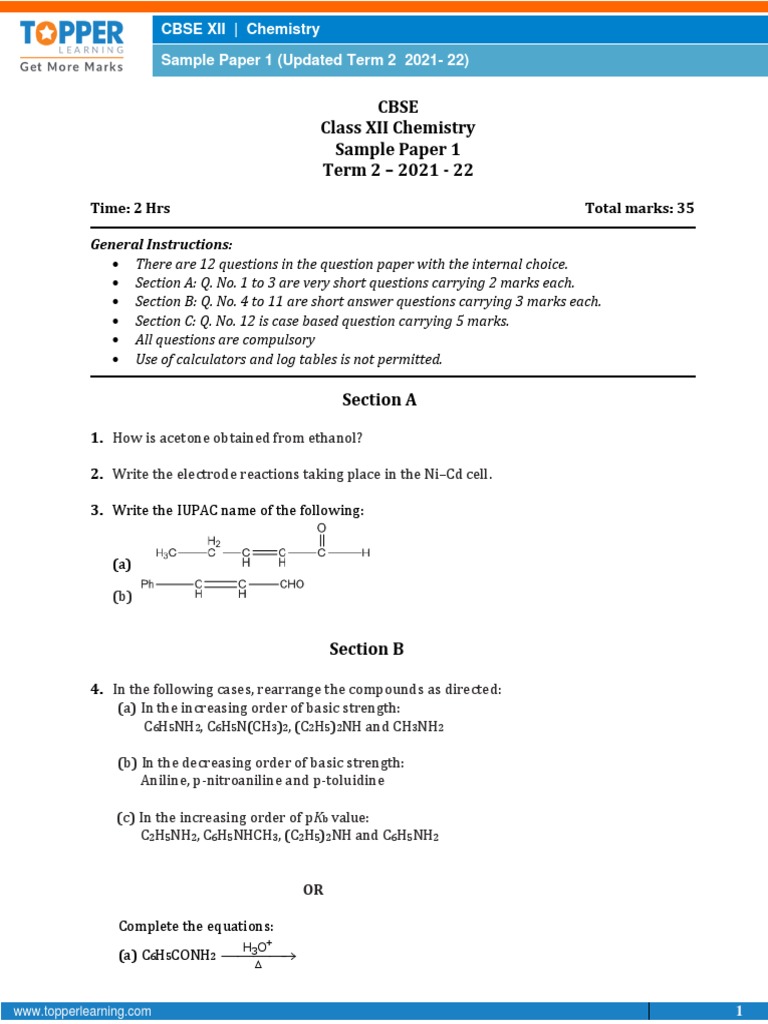 CBSE 12 Chemistry Question Term2 | PDF | Reaction Rate | Chemical Reactions