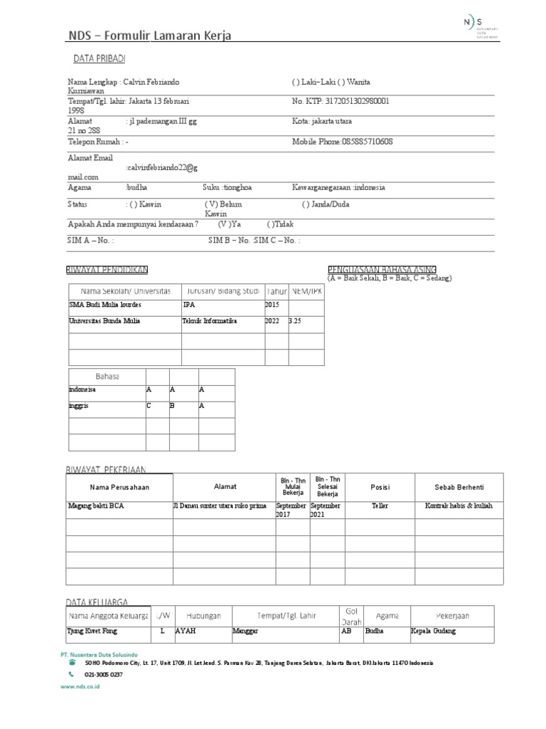 NDS - Form Biodata | PDF
