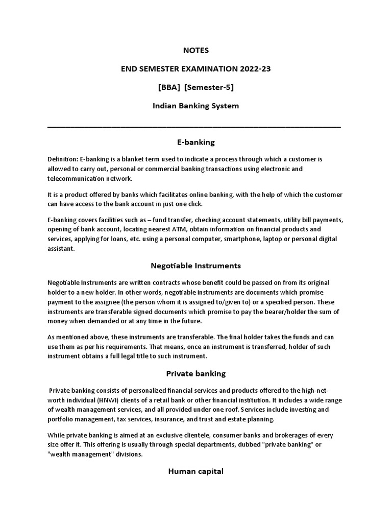 Notes of Indian Banking System | PDF | Reserve Bank Of India | Banks