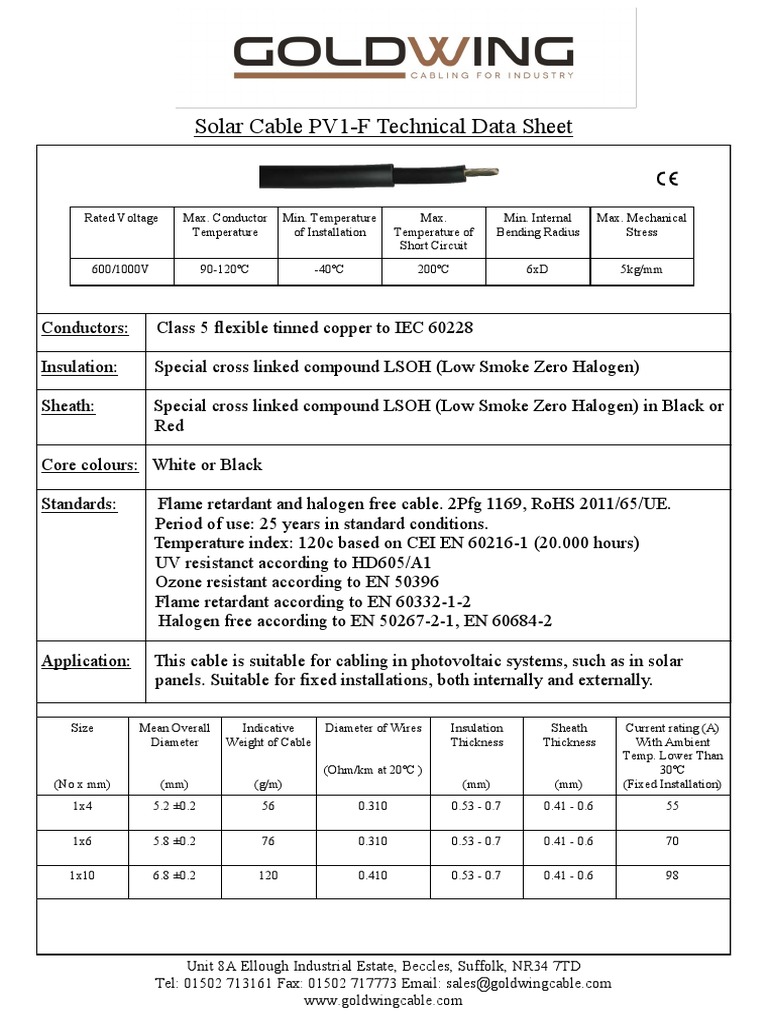 Solar PV1 F Cable Technical Data Sheet | PDF | Insulator (Electricity) | Electricity