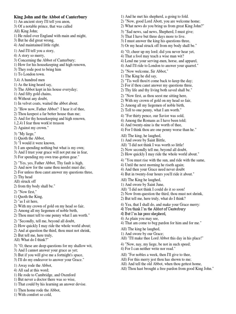 King John Abbot of Canterbury Poem Full | PDF