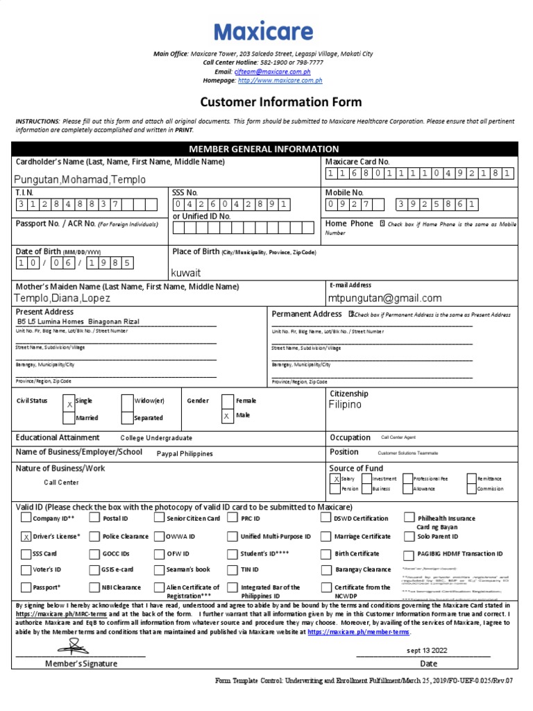 Maxicare Customer Information Form | PDF