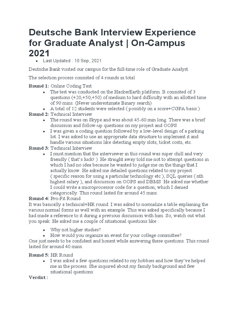 Deutsche Bank Graduate Analyst Interview Guide | PDF | Databases ...