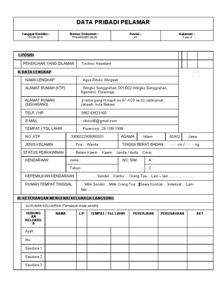 Formulir Data Pribadi Pelamar TPA | PDF