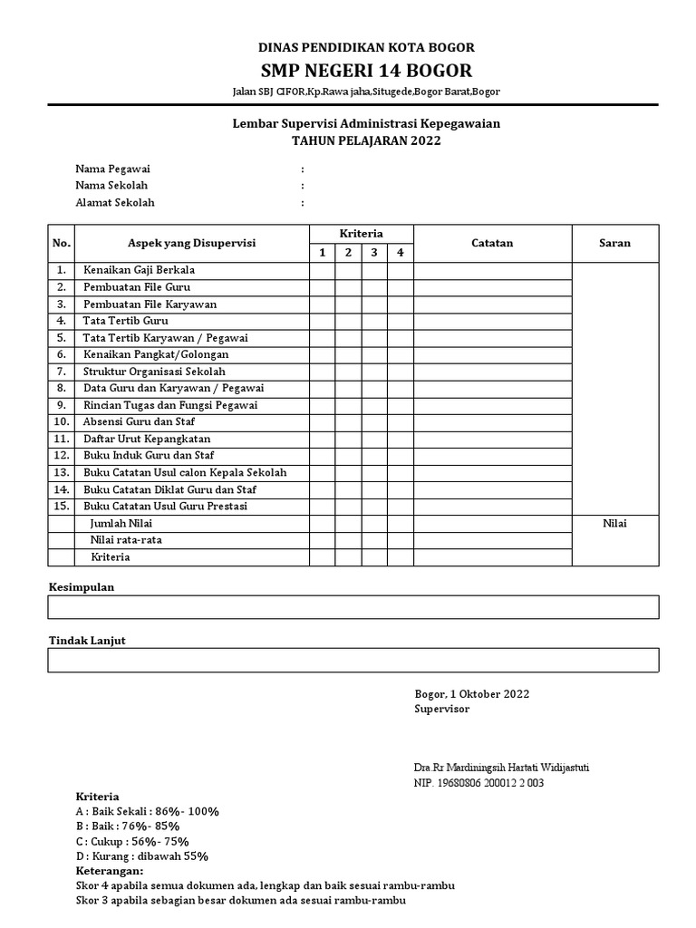 Instrumen Supervisi Tendik | PDF