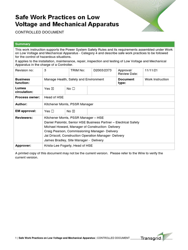 Safe Work Practices On Low Voltage and Mechanical Apparatus | PDF ...