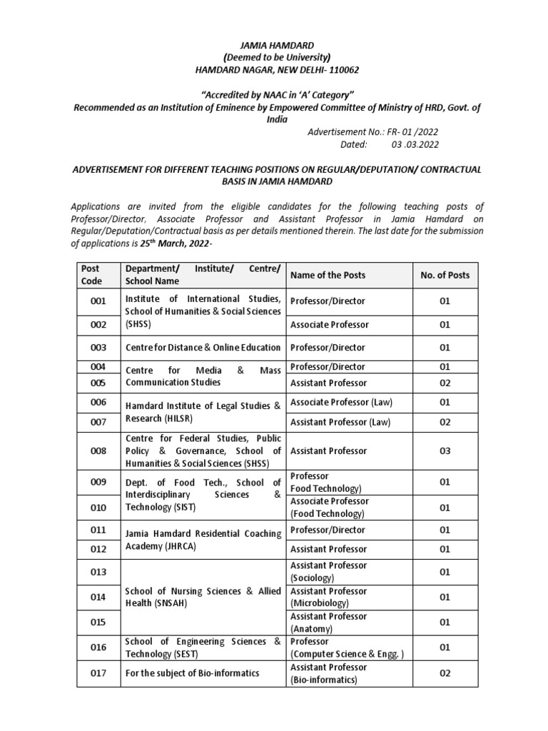 Detailed Advt Teaching Position With Application Form | PDF | Doctor Of ...