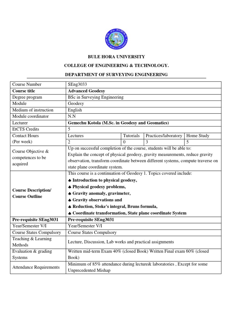 Advanced Geodesy Course Outlines | PDF