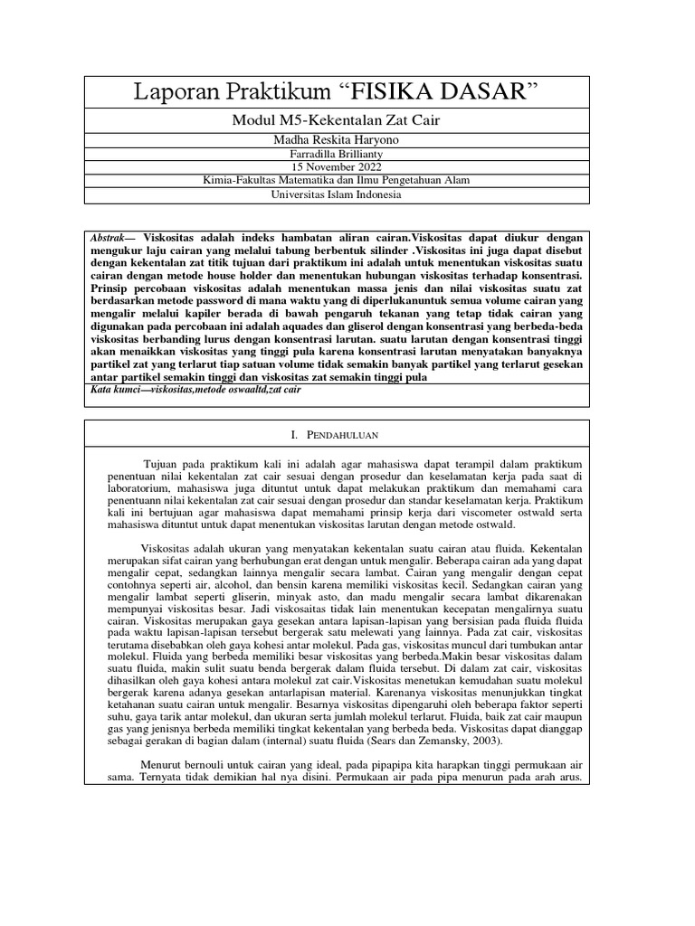Analisis Viskositas Larutan Garam dengan Variasi Konsentrasi Menggunakan Metode Ostwald | PDF