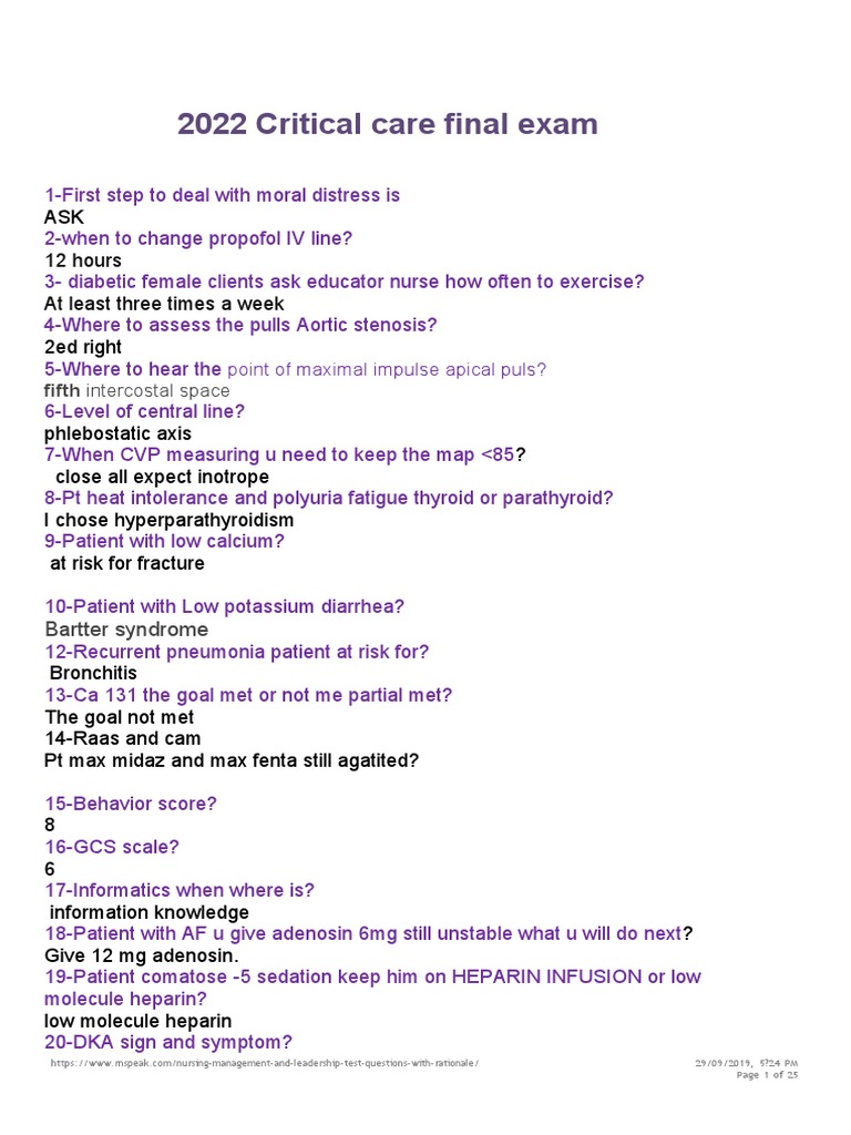 Critical Care Nursing Exam Questions | PDF | Leadership | Nursing