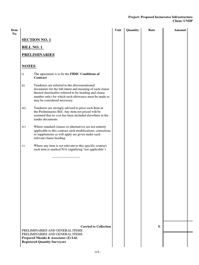 Section No. 1 Bill No. 1 Preliminaries: Project: Proposed Incinerator ...