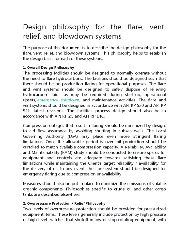 Design Philosophy For The Flare, Vent, Relief, and Blowdown Systems | PDF Design Philosophy For The Flare, Vent, Relief, and Blowdown Systems | PDF