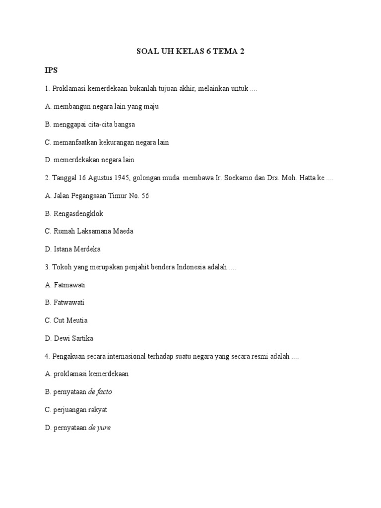 Soal UH Kelas 6 Tema 2: IPS, IPA, PKN, B. Indonesia, SBDP | PDF