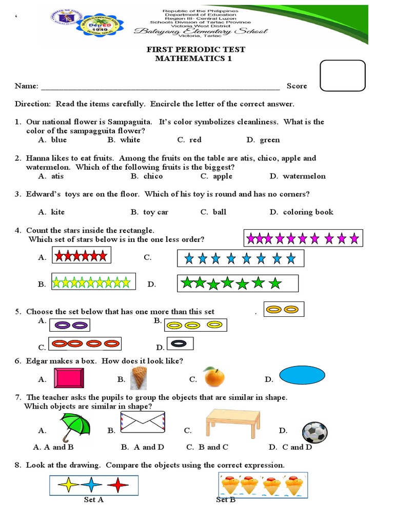 Grade 1 Math 1st Periodic Test | PDF