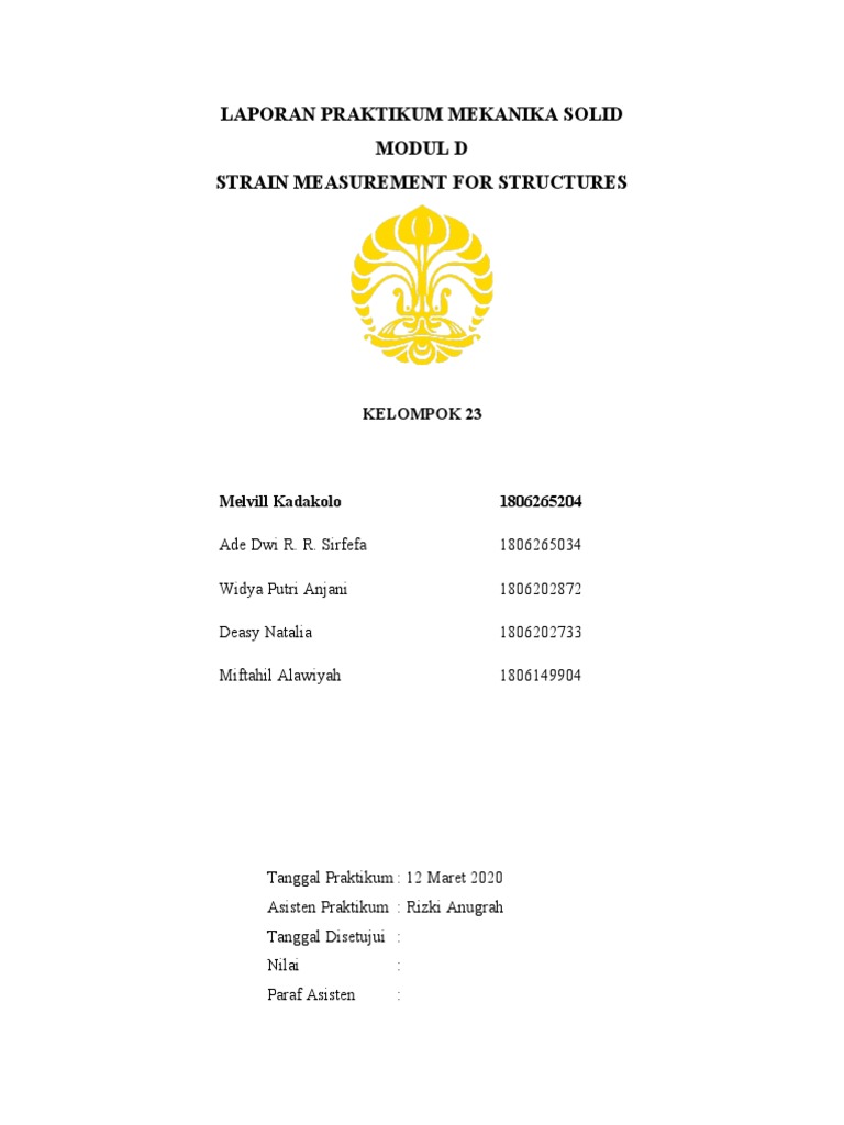 Laporan Praktikum Mekanika Solid - Modul D - Melvill Kadakolo - 1806265204 | PDF