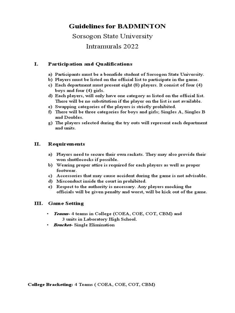 Guidelines - Badminton Intramurals 2022 | PDF | Athletic Sports | Ball ...