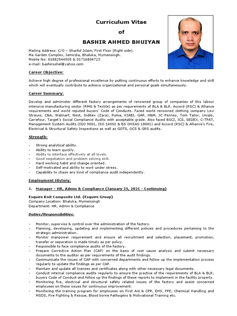 Curriculum Vitae of Bashir Ahmed Bhuiyan-1 | PDF | Regulatory Compliance | Audit