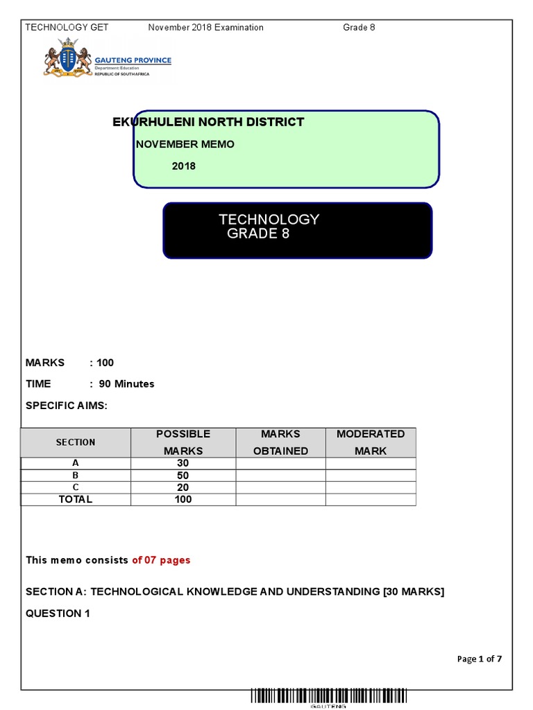 Grade 8 Technology November Exam Memo | PDF | Gear | Lever
