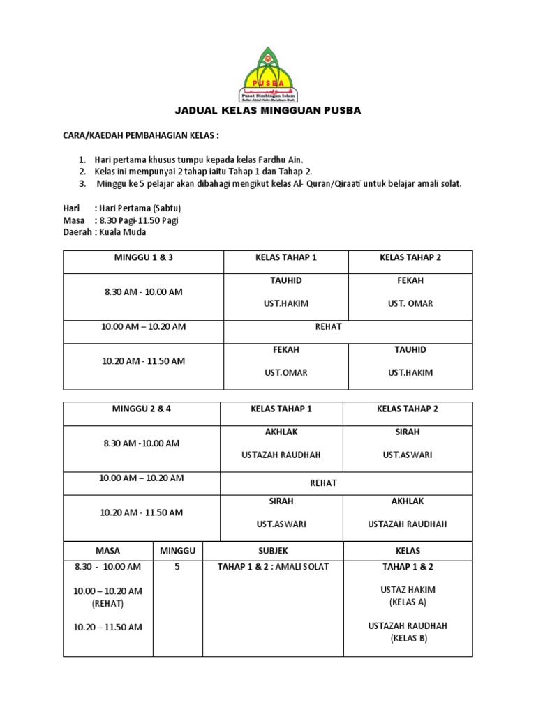 Jadual Kelas Mingguan Pusba 2022 #Update | PDF