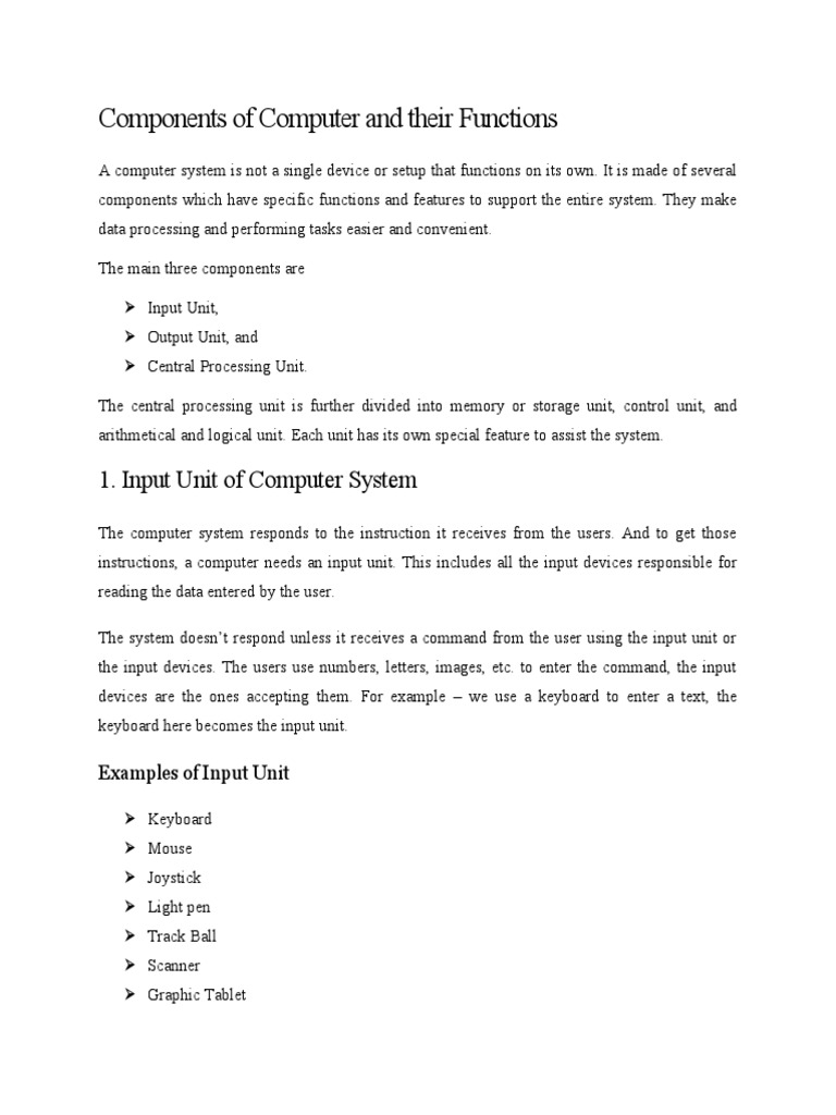 Components of Computer and Their Functions | PDF | Input/Output | Central Processing Unit