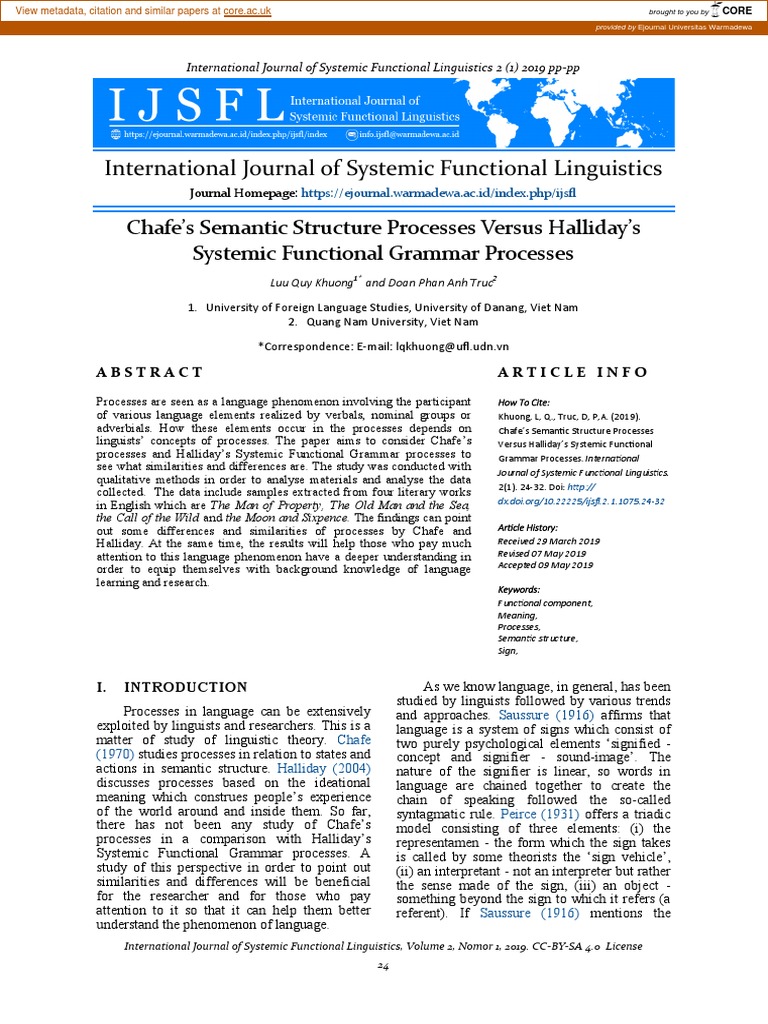 Chafe's Semantic Structure Processes Versus Halliday's Systemic ...