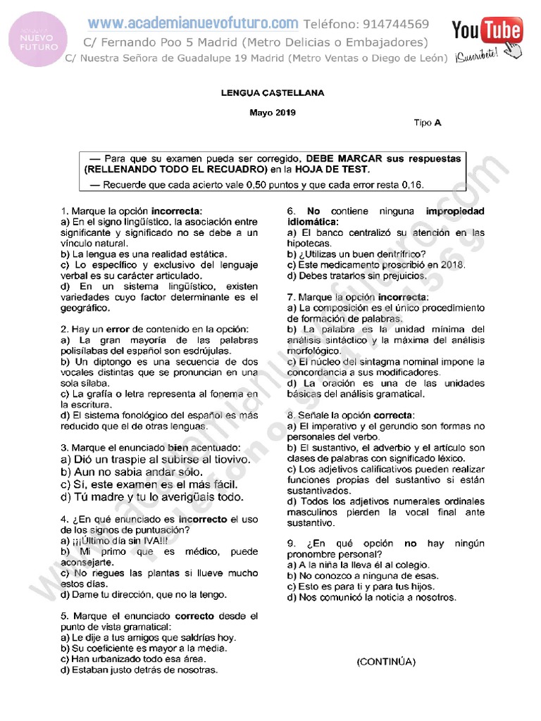 Examen Lengua UNED Mayores 25 Junio 2019 A Enunciado | PDF