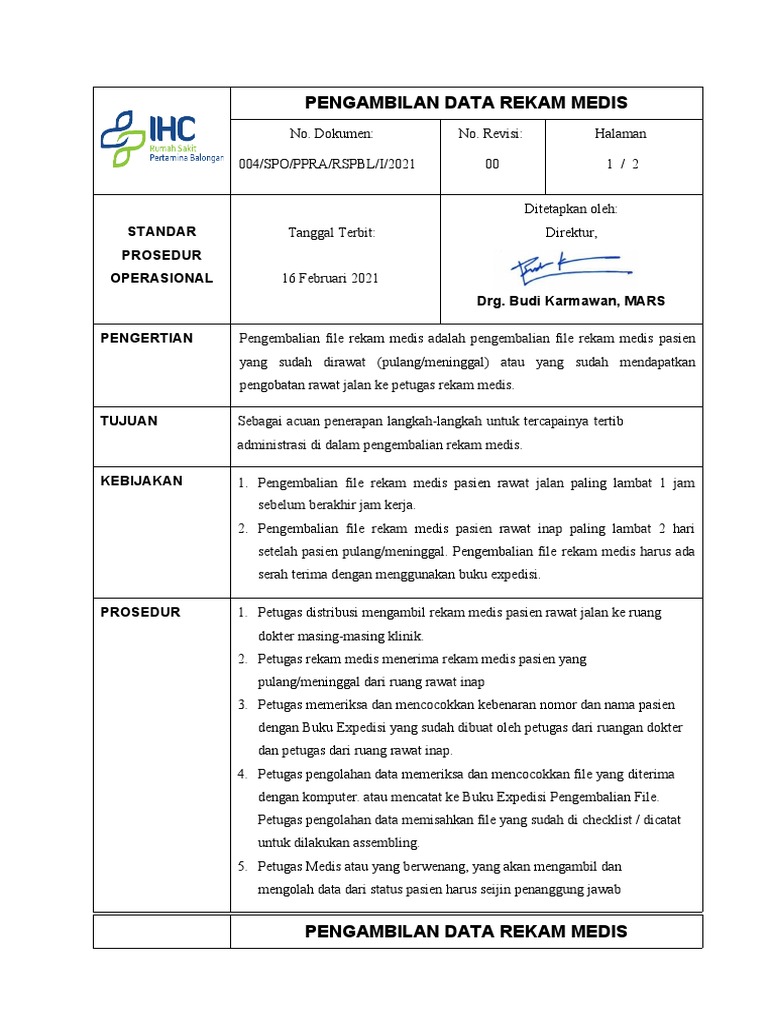 Spo Pengambilan Data Rekam Medis | PDF