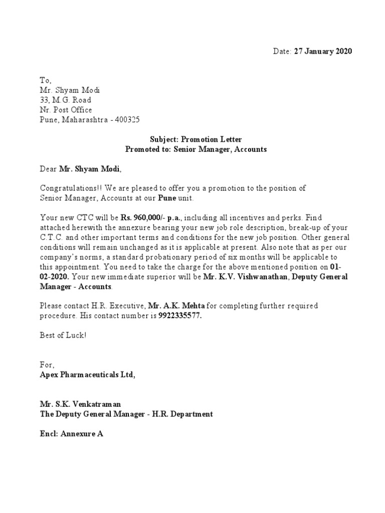 Senior Manager Promotion Letter | PDF