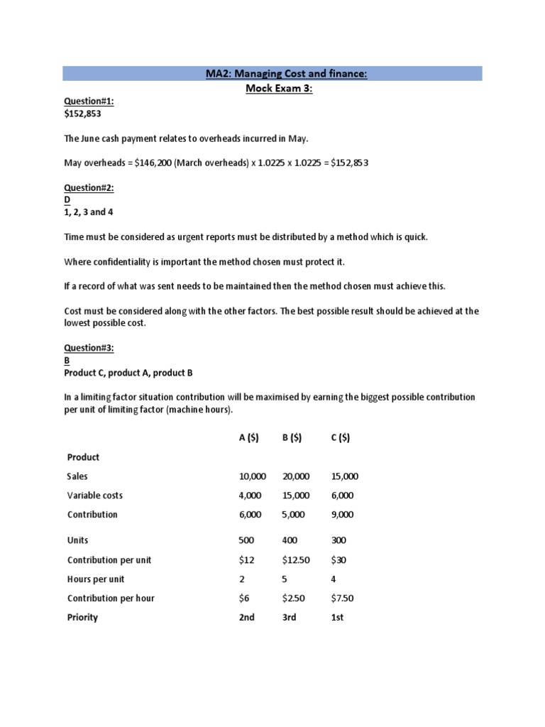 Ma2 Mock Exam 3 Answers | PDF | Inventory | Labour Economics