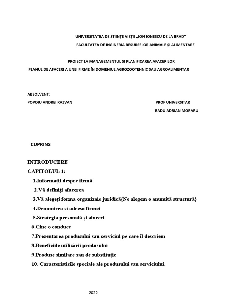 Proiect Management Si Planificarea Afacerilor Andrei Popoiu | PDF