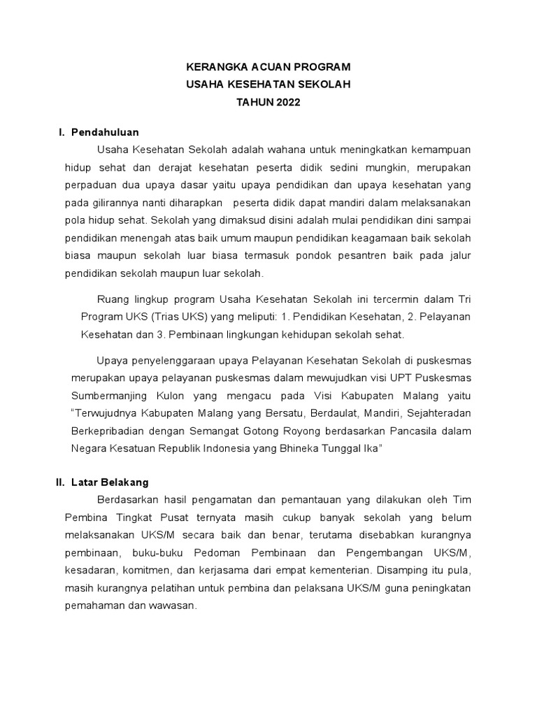 Kerangka Acuan Program Kesehatan Sekolah 2022 | PDF