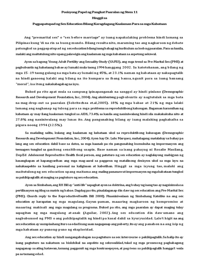 Posisyong Papel Hinggil Sa Pagpapatupad NG Sex Education Sa Loob NG ...