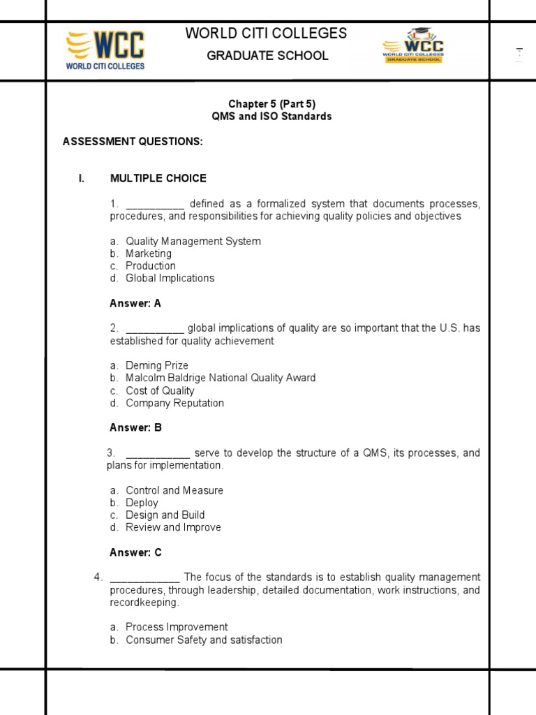 Chapter5 QMS and ISO Standards Questions | PDF | Quality Management ...