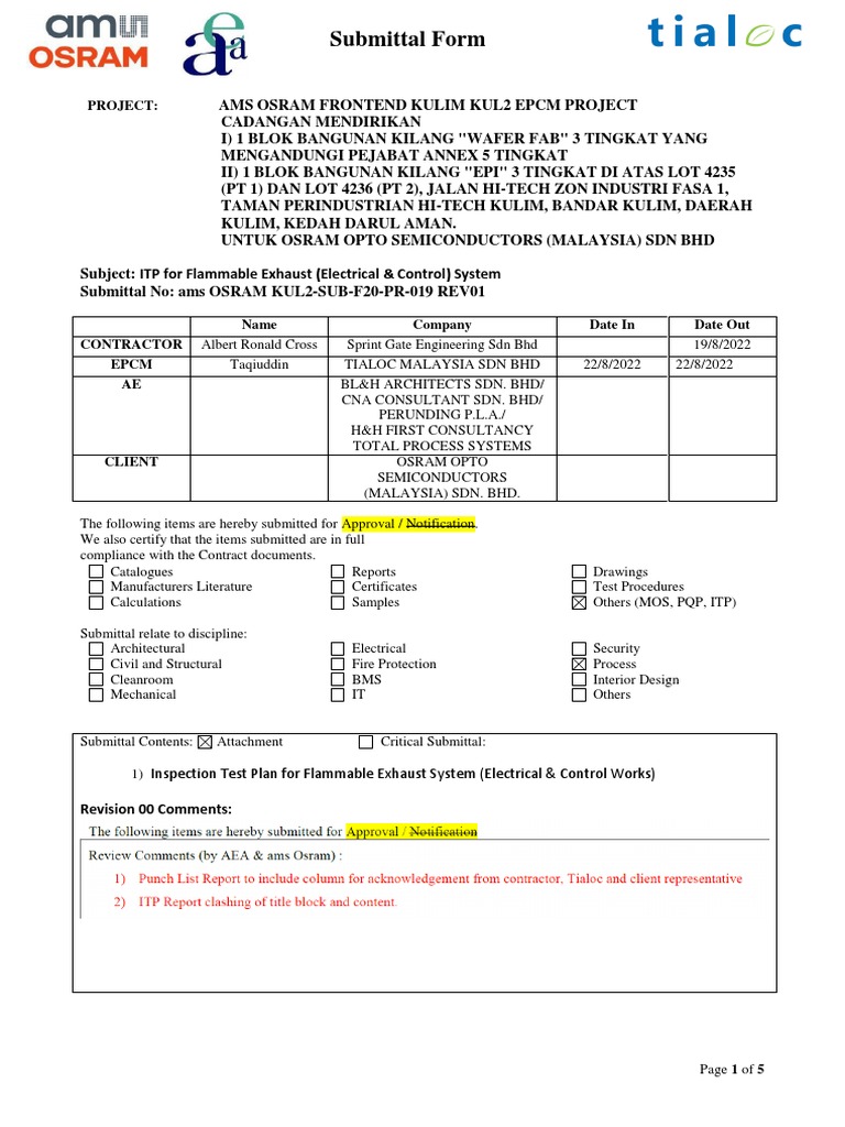 Ams OSRAM KUL2-SUB-F20-PR-019 - ITP For Flammable Exhaust (Electrical & Control) System Rev01 ...