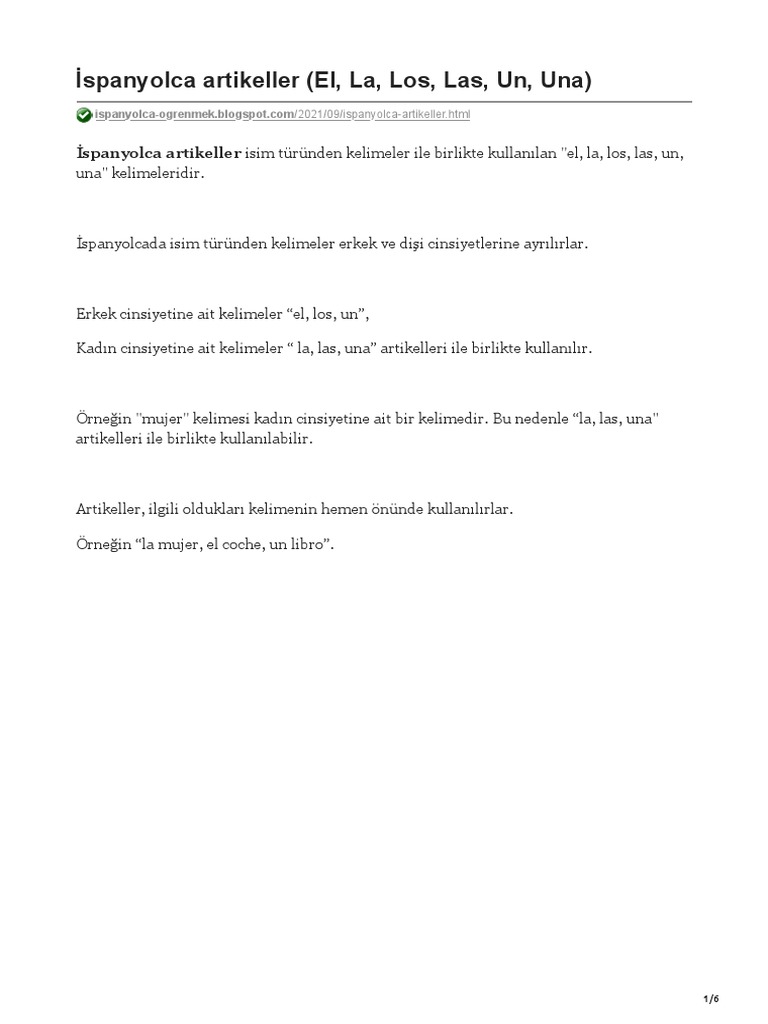 Spanishh Artikelz El La Los Las Un Una | PDF