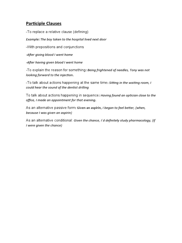 Participle Clauses SummaryC1 Online | PDF