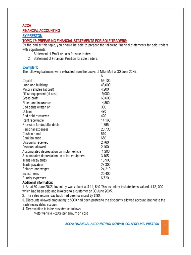 Sole Trader Financial Statements | PDF
