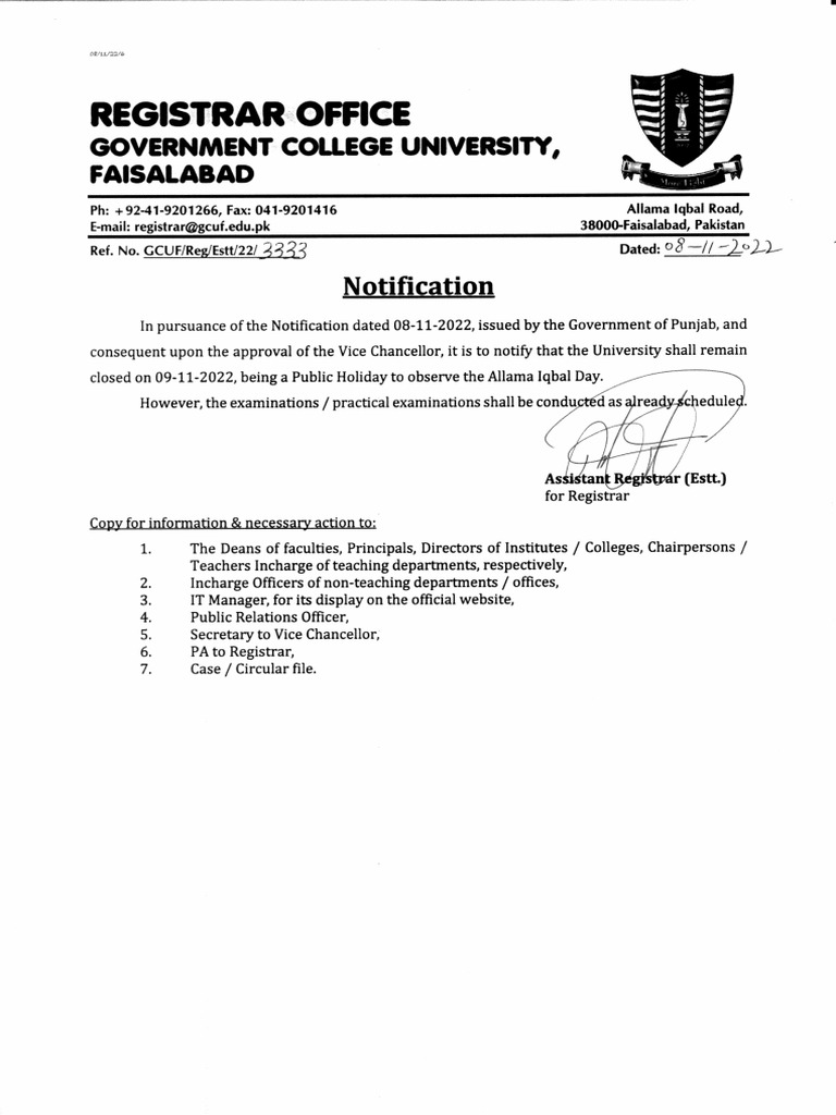 Holiday Notification - GCUF | PDF