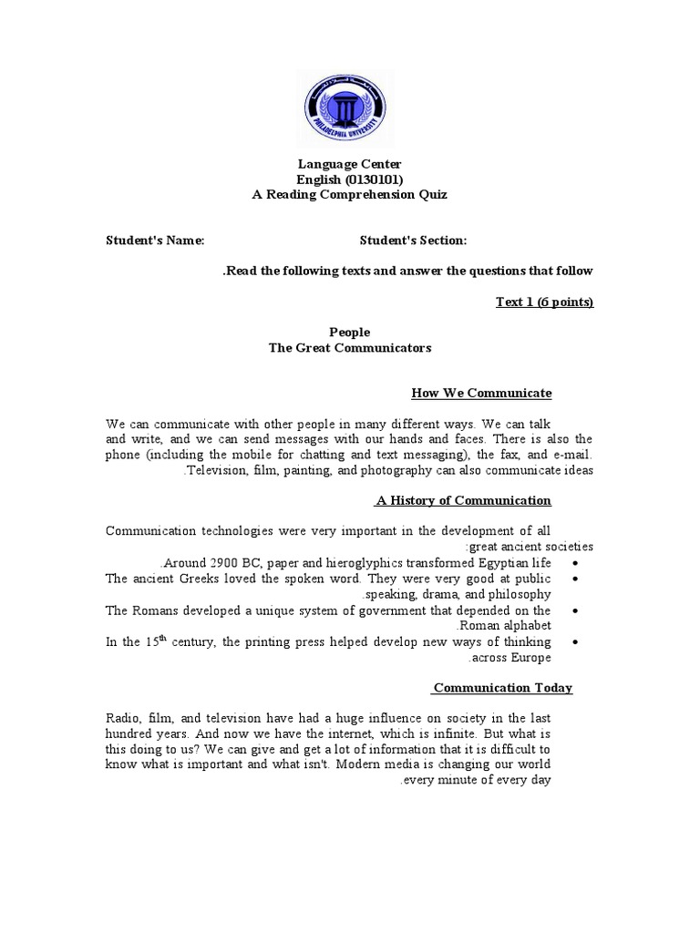 A Reading Comprehension Quiz About Communication - English 101 | PDF ...
