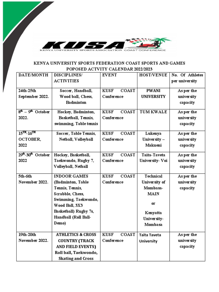 Kusa-Calendar of Activity | PDF | Entertainment | Sports Equipment
