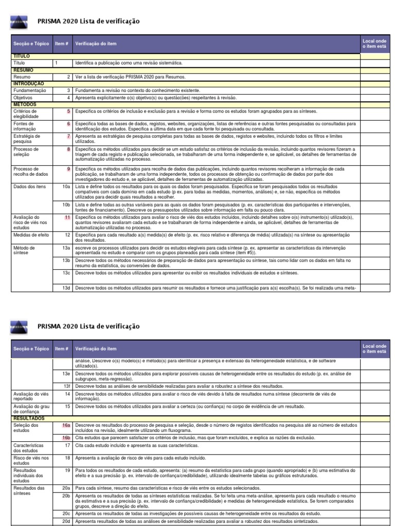 PRISMA 2020 Checklist EUROPEAN PORTUGUESE | PDF