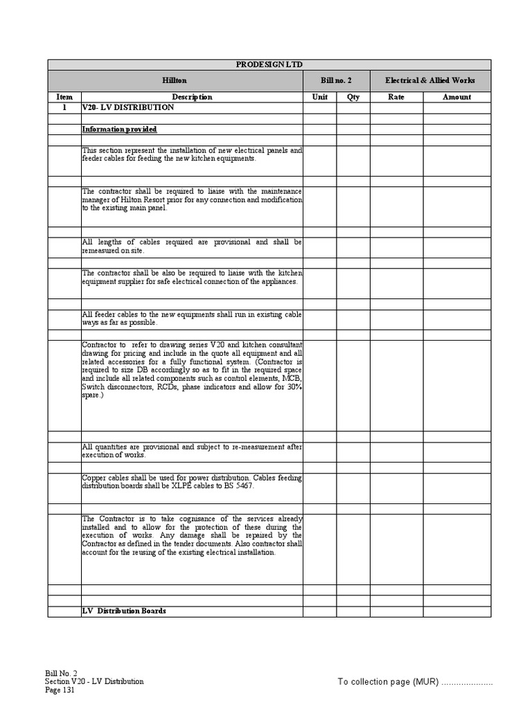 BOQ Main Kitchen ELEC | PDF