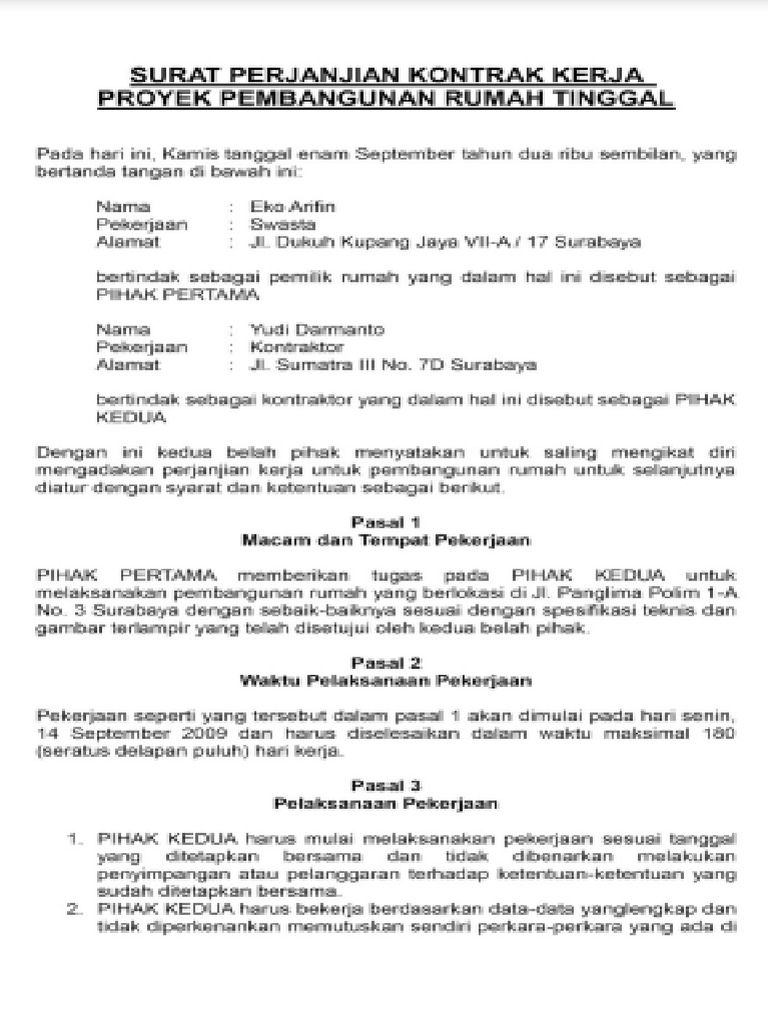Contoh Template Kontrak Kerja Pembangunan Rumah Tinggal | PDF